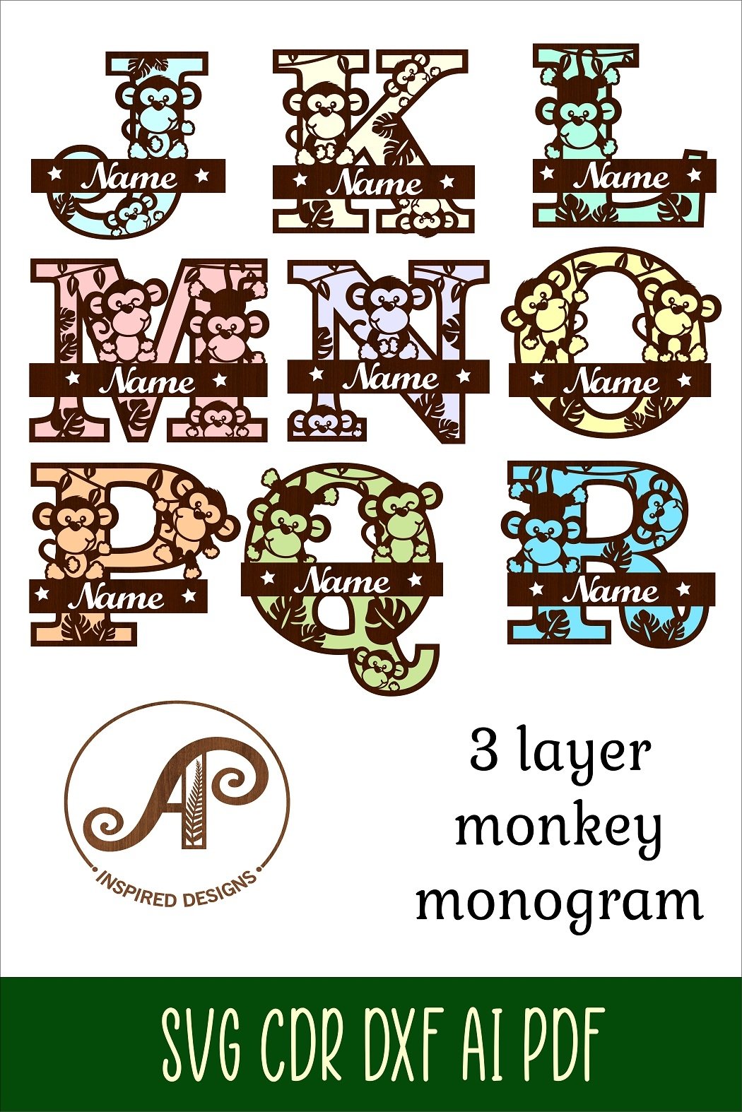 Monkey monogram letter Name signs 3 layer design SVG