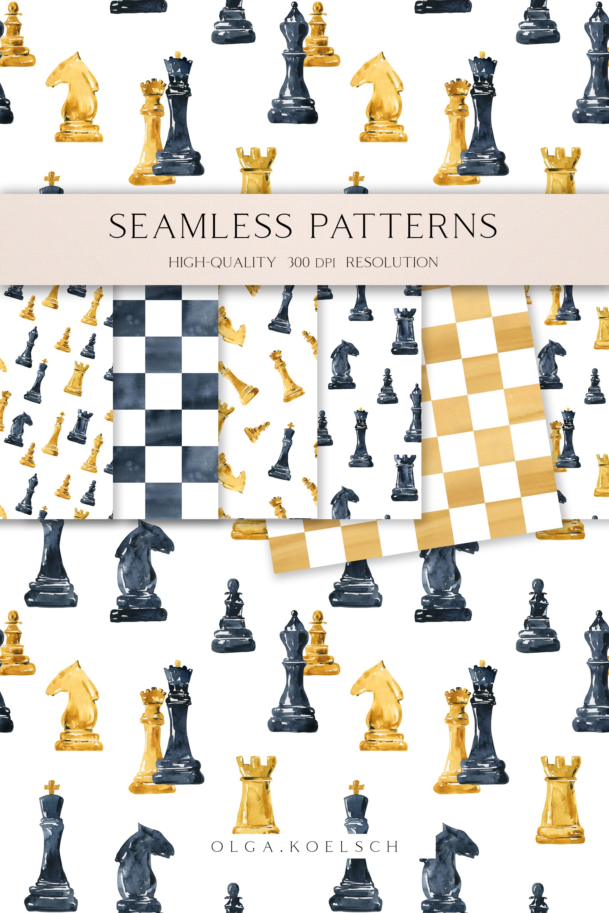 Checkered digital paper, Chess figures seamless pattern for