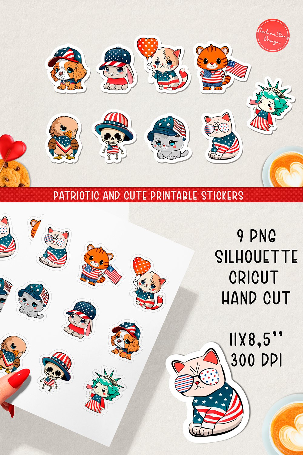 Patriotic and Cute printable stickers. USA characters PNG.