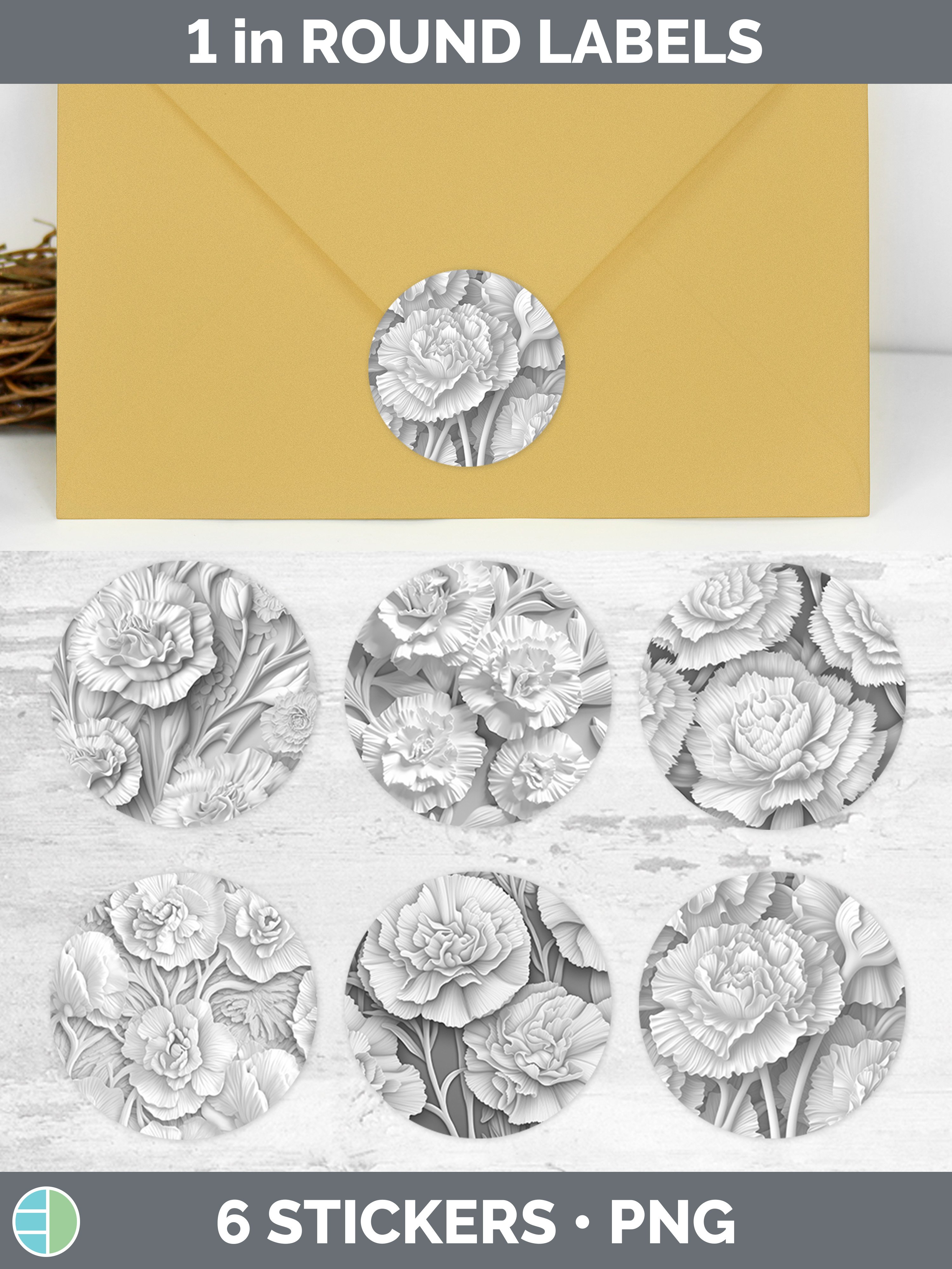 3D White Carnation Flowers Stickers | Round Labels Designs B