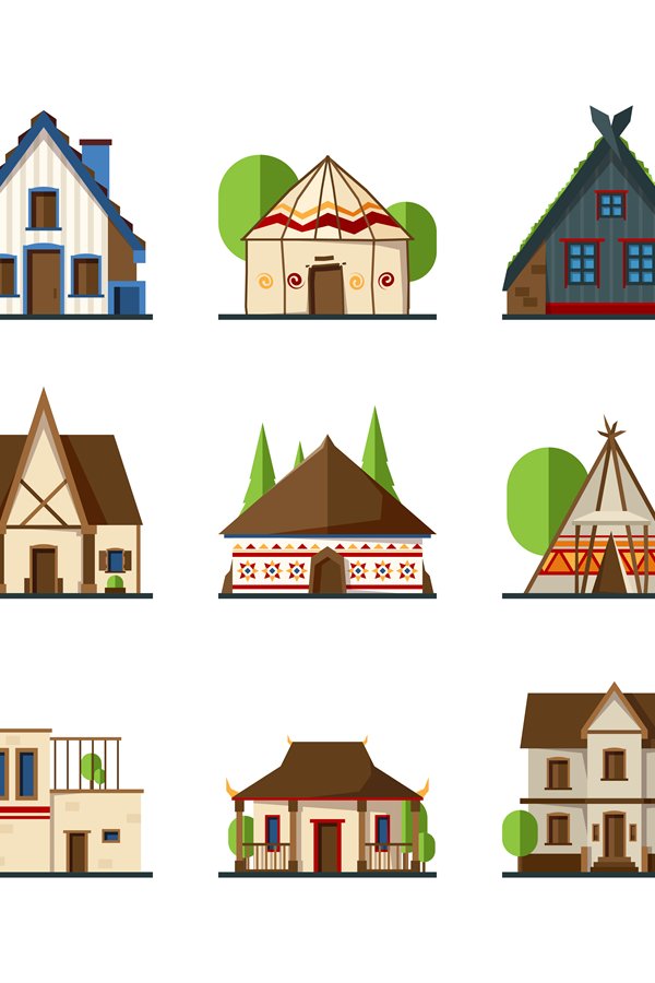 Traditional buildings. Houses and constructions of different