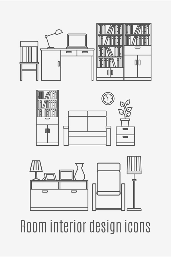 Line art room interior icons set