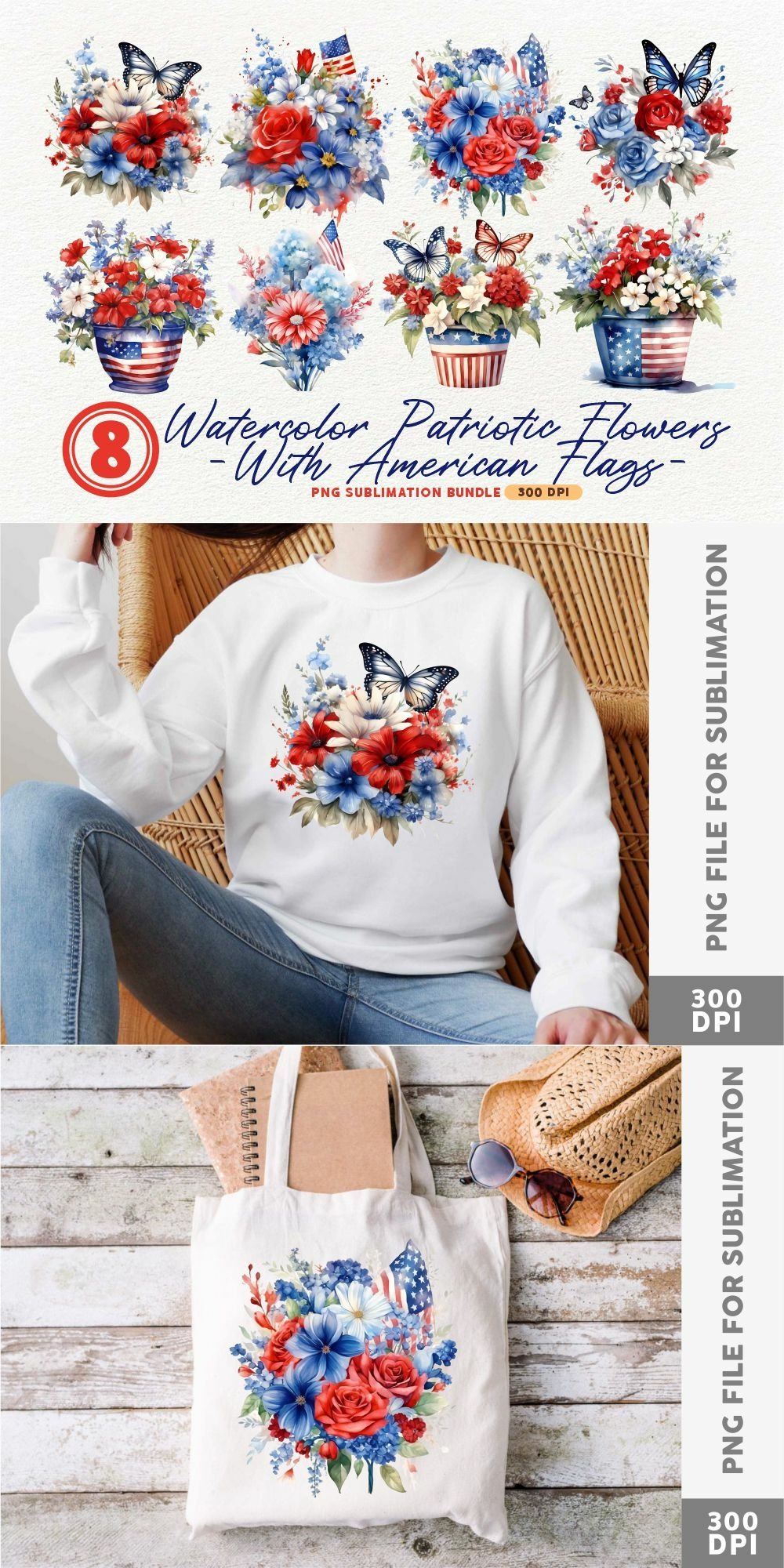 Watercolor Patriotic Flowers Clipart Sublimation PNG Bundle