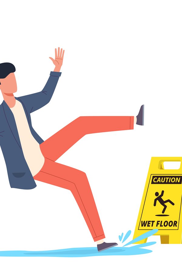 Wet floor. Falling man slips in water, slipping and downfall