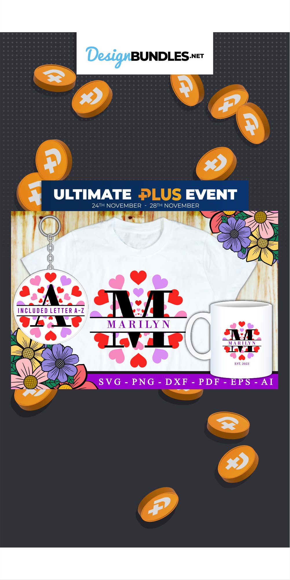 Valentine's Day Heart Split Monogram Font SVG, Keychain SVG