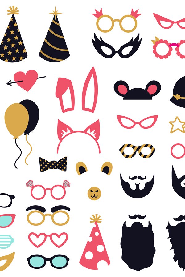 Photobooth party props. Funny face masks, glasses, crown