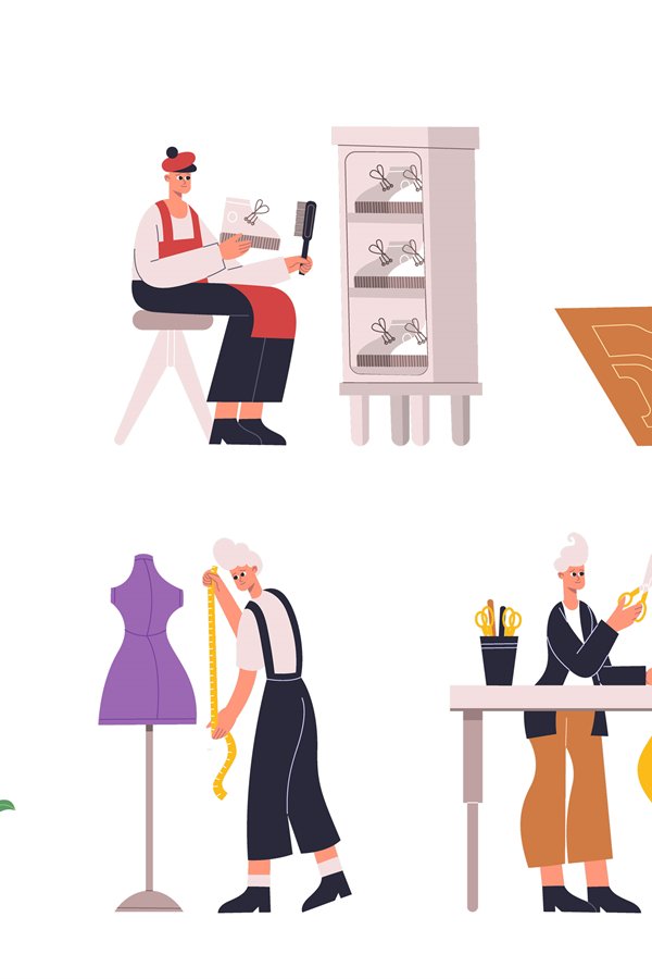 Dressmaker sewing, designer tailoring, characters working in