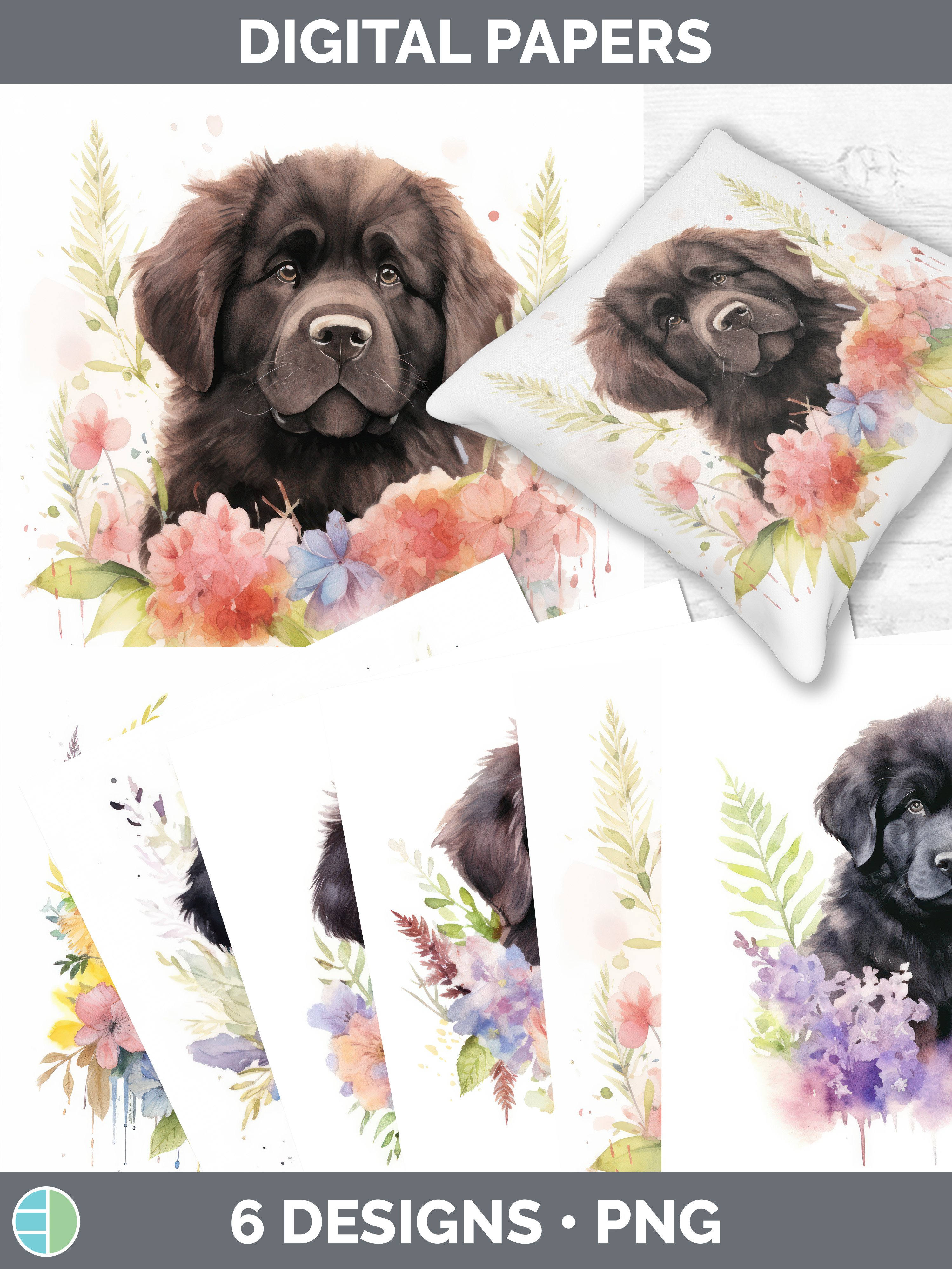 Watercolor Newfoundland Dog Paper Backgrounds | Digital Scra