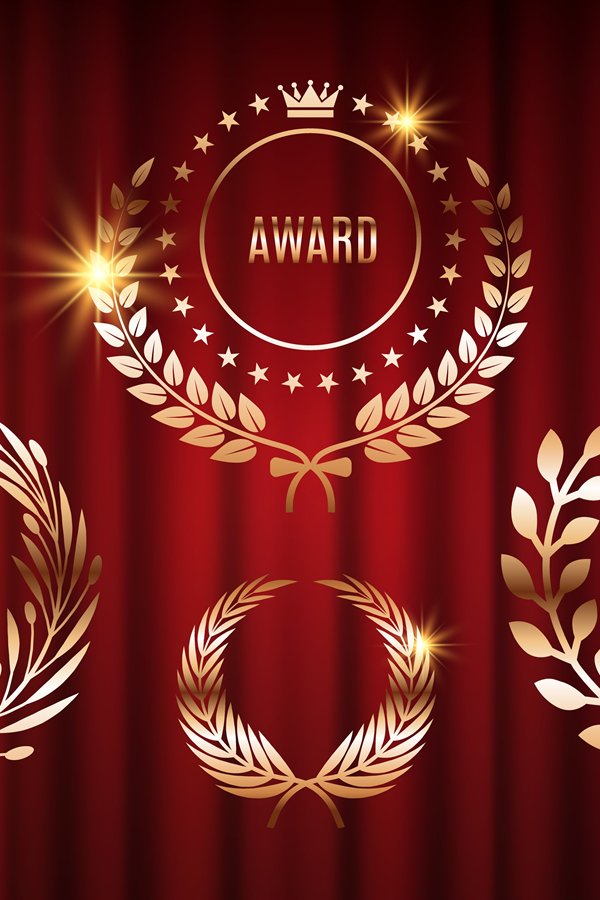 Award signs. Shine laurel wreaths on red curtains. Golden br
