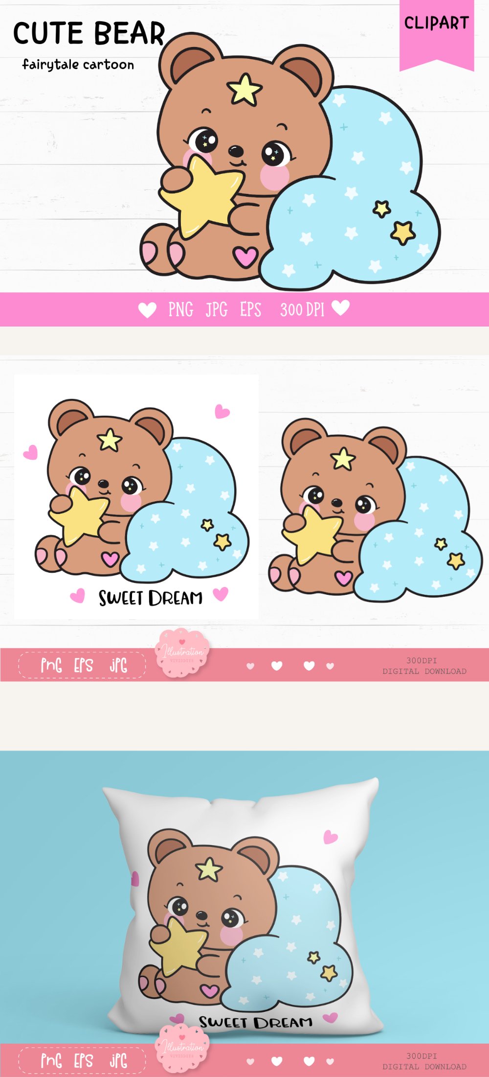 Cute teddy bear on moon with magic star sweet dream fairy