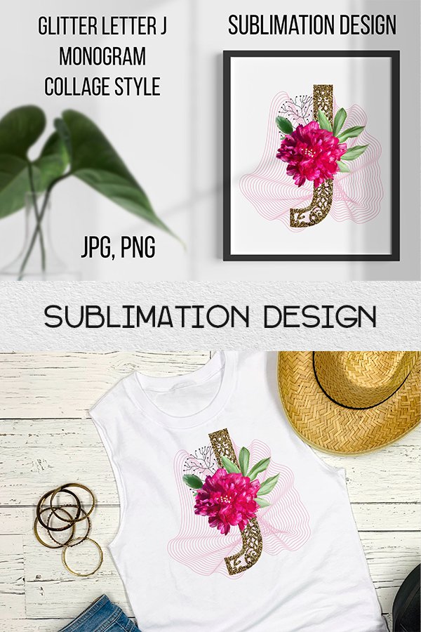 Gold lase letter J, Monogram collage, Sublimation design