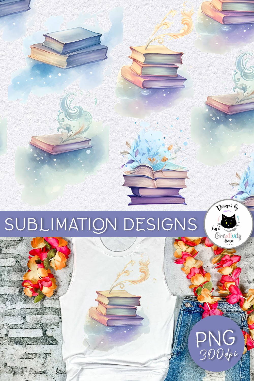 Book Lover Sublimation Designs | Watercolor Book Clipart
