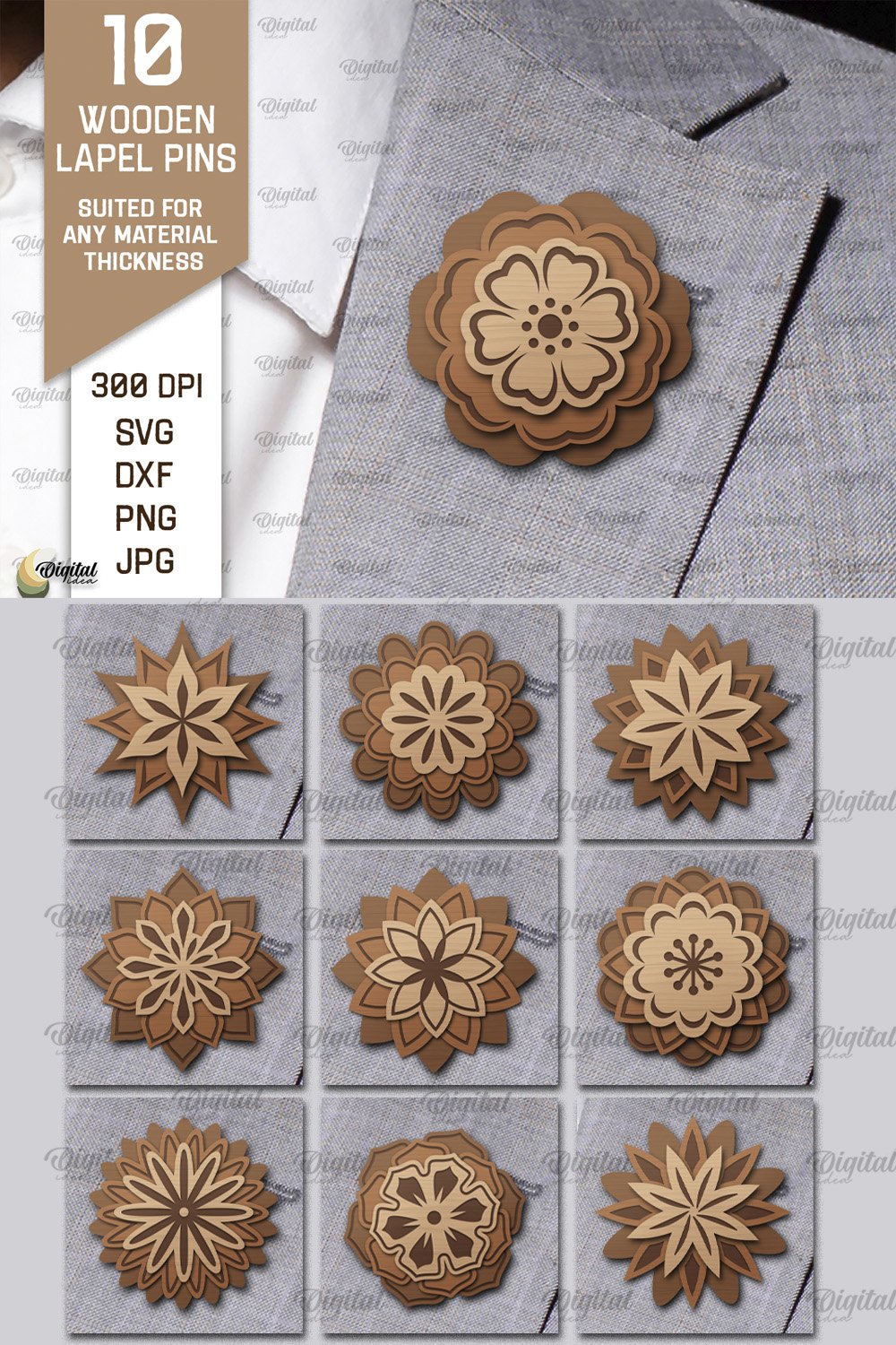 Wooden Lapel Pins Laser Cut Bundle. Wooden Flower Lapel Pins