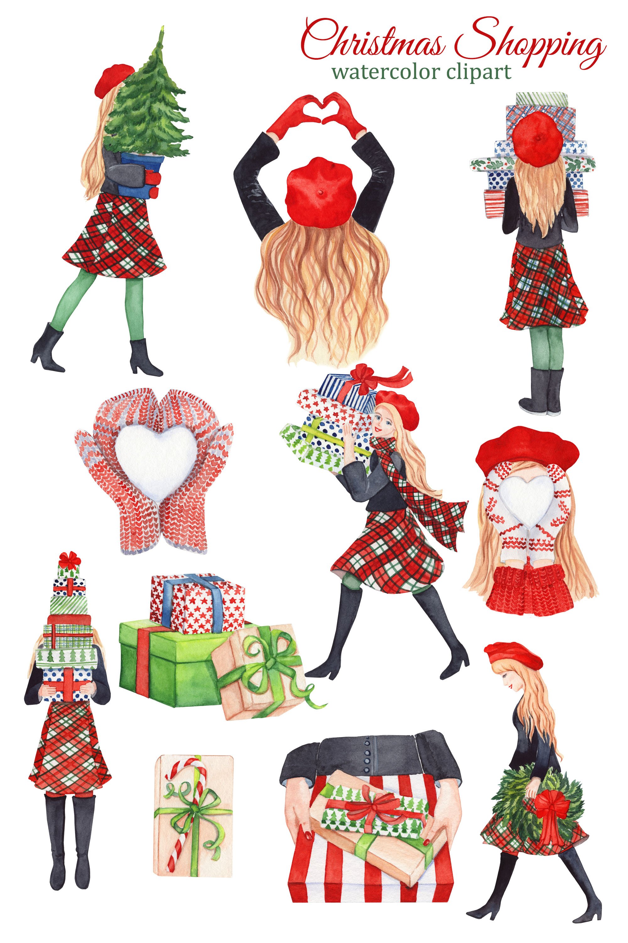 Christmas shopping girl clipart, Christmas gifts (2140810)