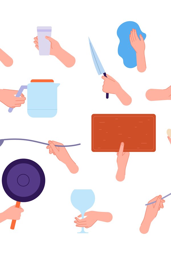 Hands hold kitchen tools. Woman hand holding knife, spoon fo