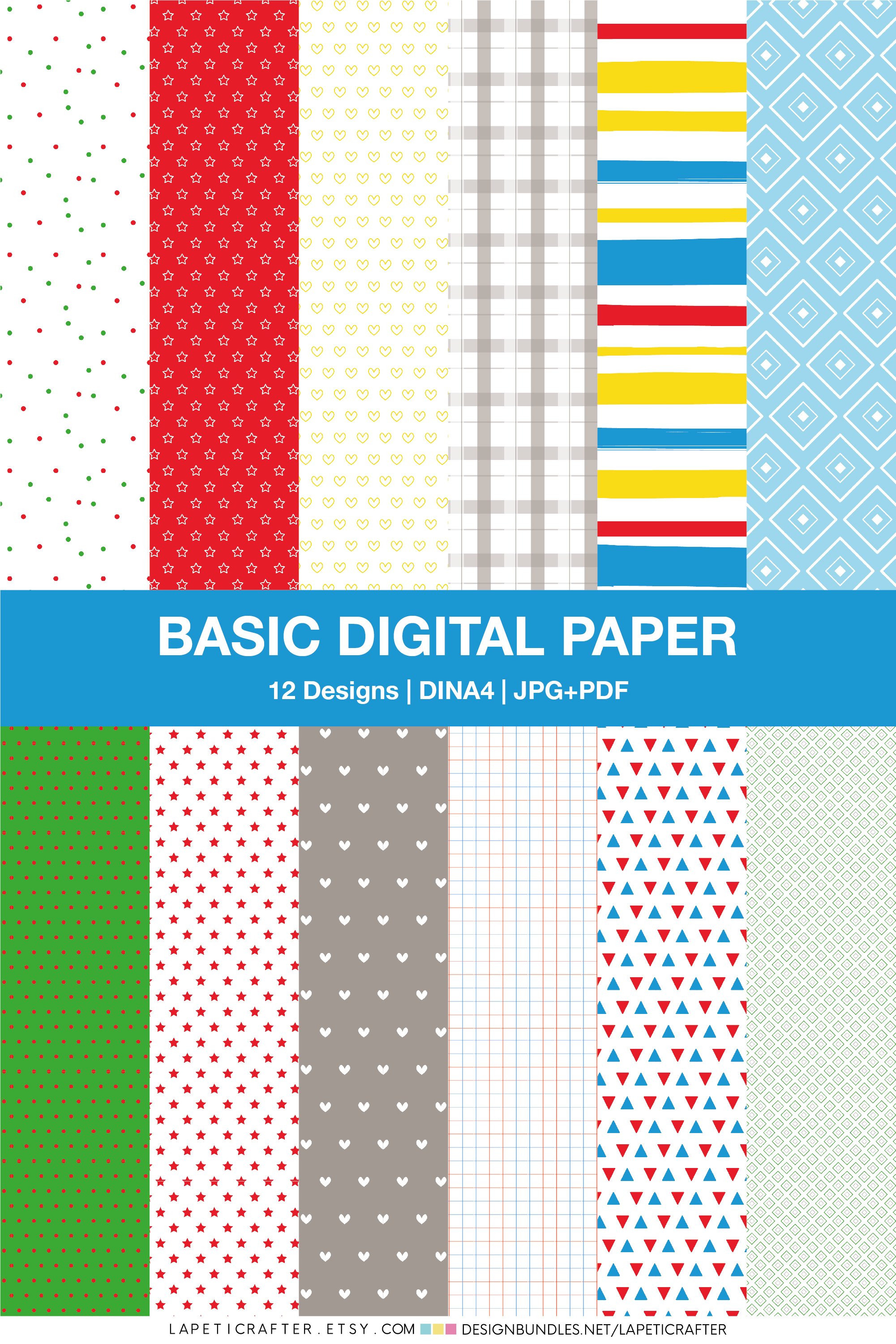 Colorful Digital Paper Pack, Basic Prints for Scrapbooking