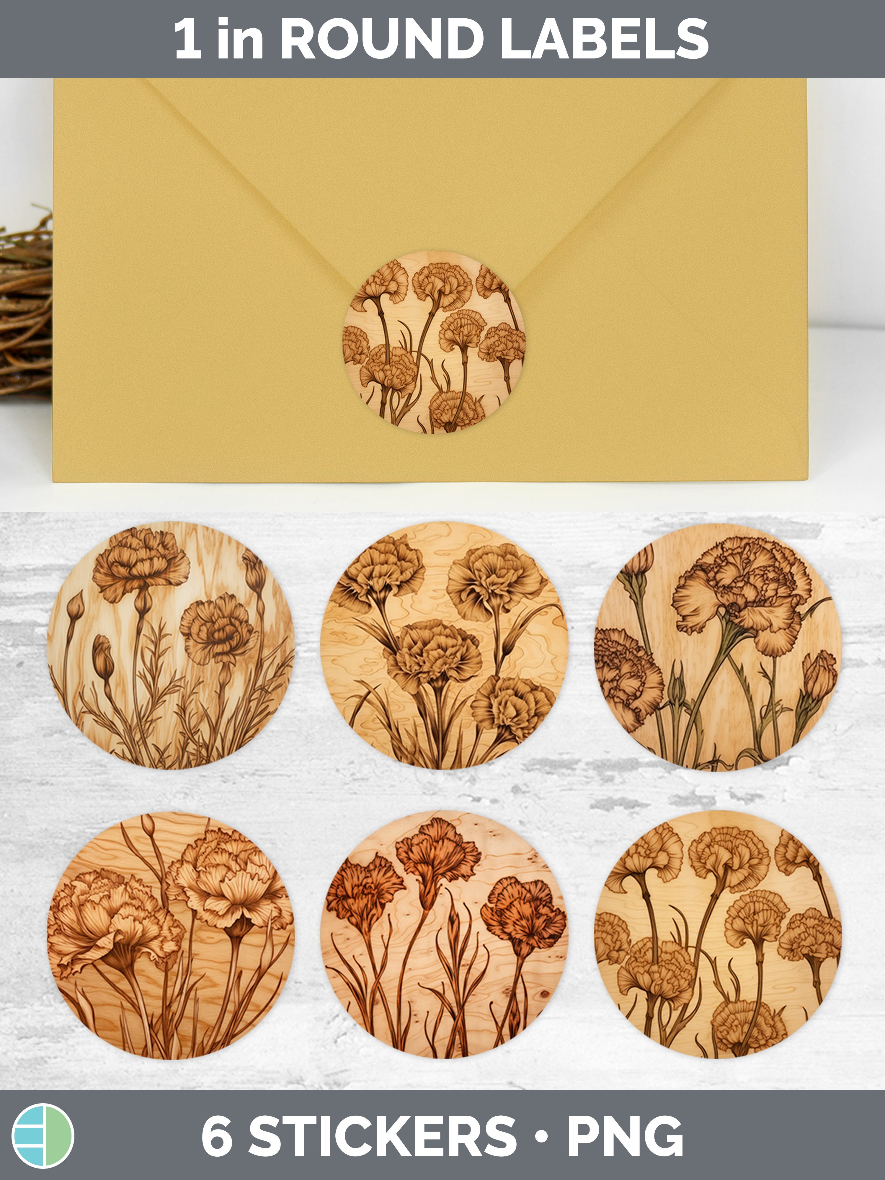 Wood Burned Carnation Flowers Stickers | Round Labels Design