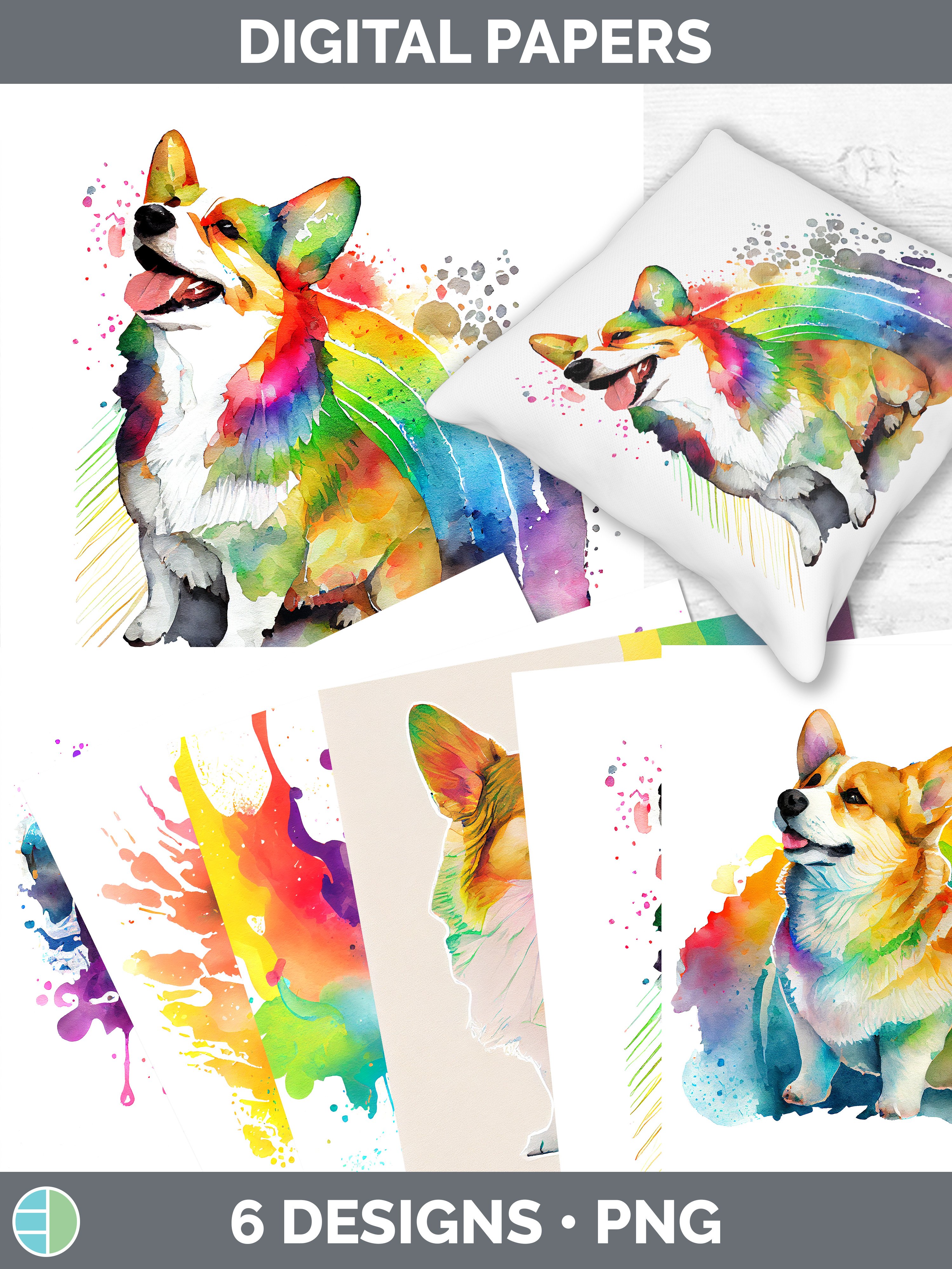 Rainbow Corgi Dog Paper Backgrounds | Digital Scrapbook Pape