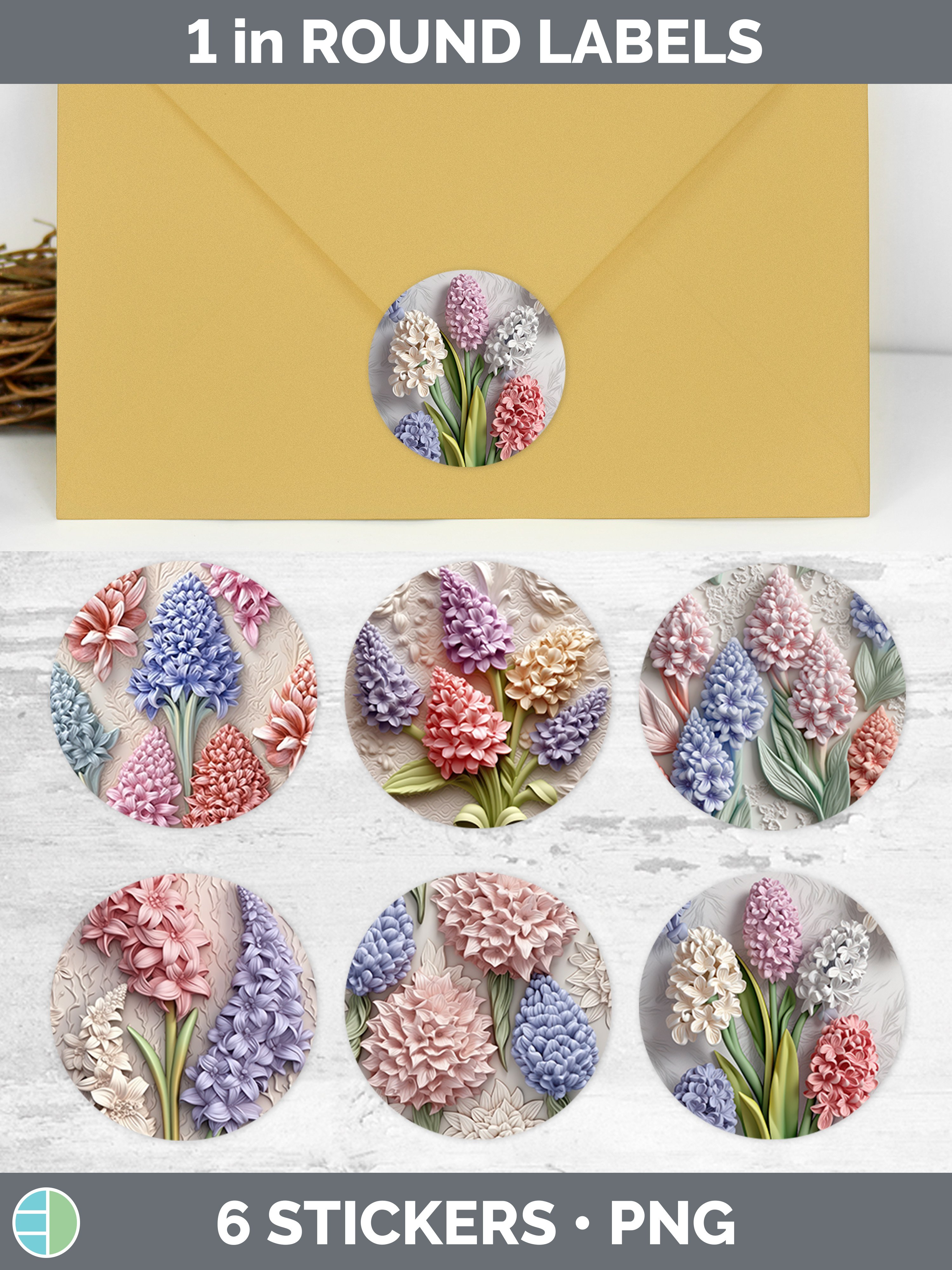 3D Hyacinth Flowers Stickers | Round Labels Designs Bundle