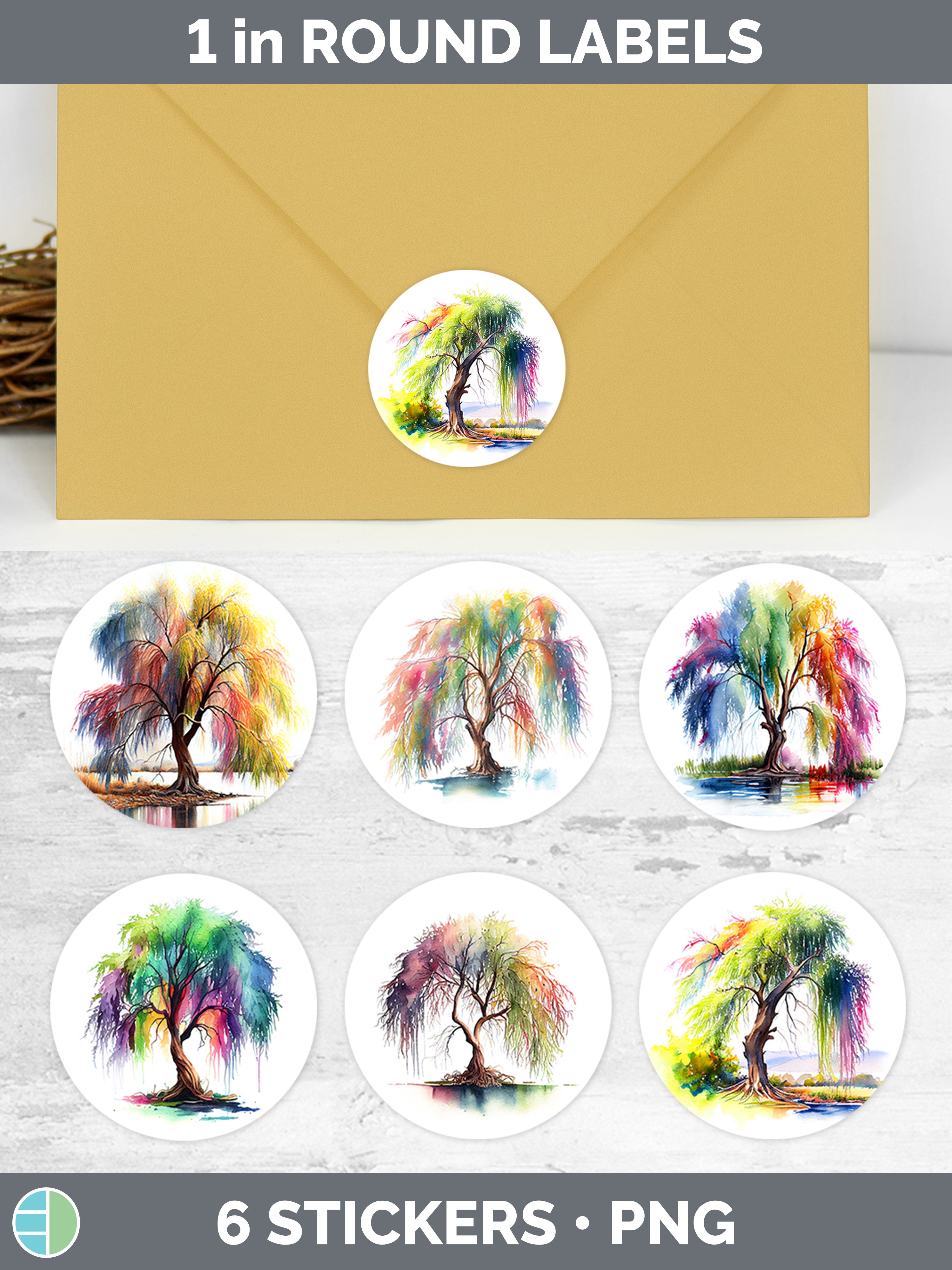 Rainbow Willow Trees Stickers | Round Labels Designs Bundle