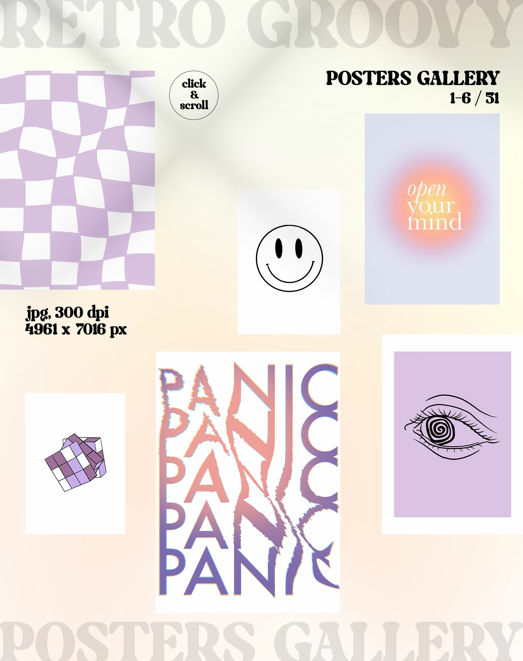 Retro groovy posters set - 6 hi-rez JPEG interior posters