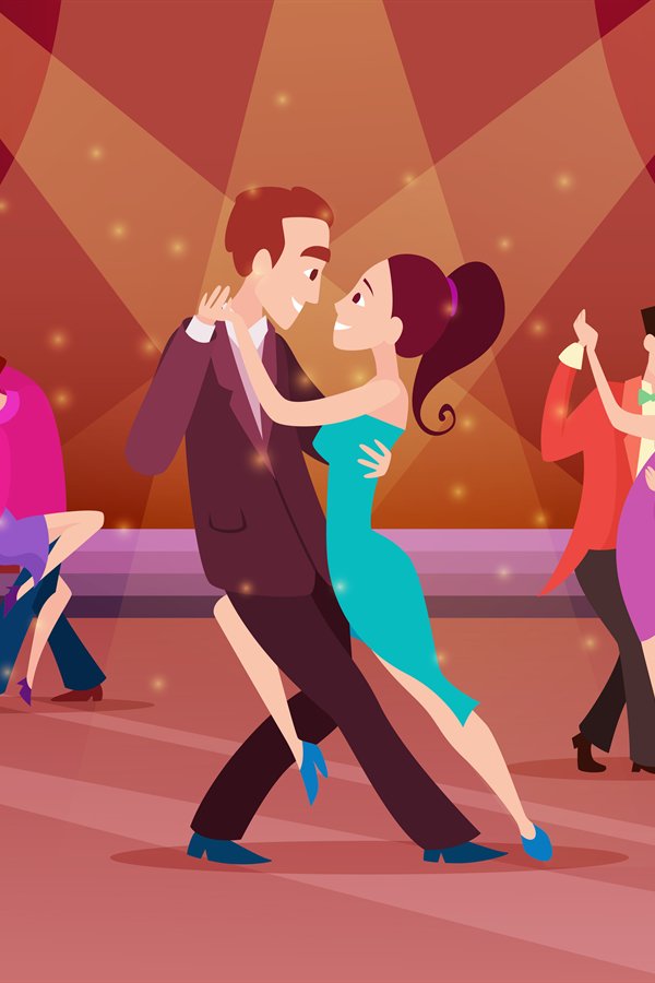 Couples on dance floor. Cartoon characters dancing