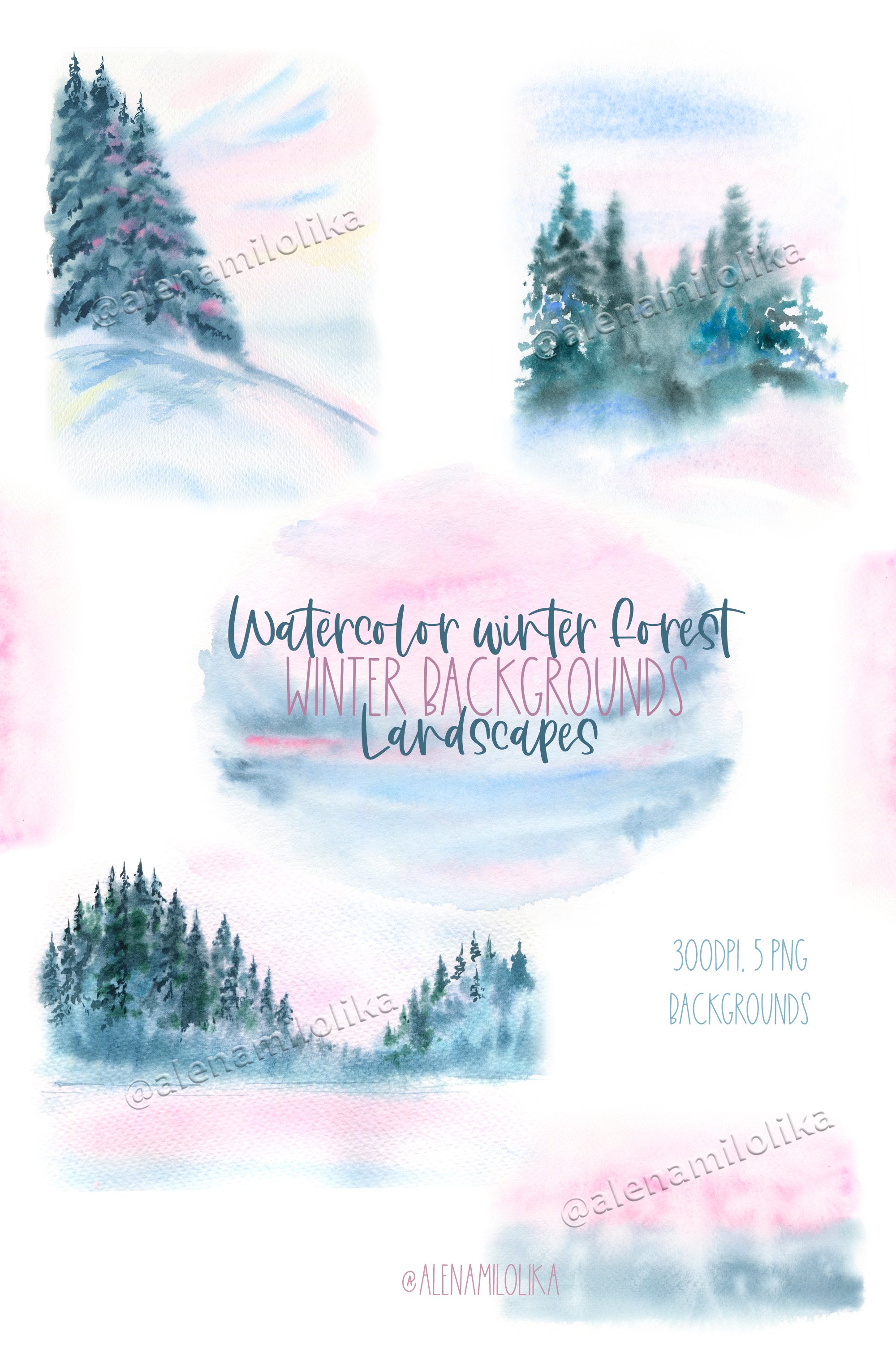 Watercolor Landscape Clipart. Winter backgrounds. (1681742)