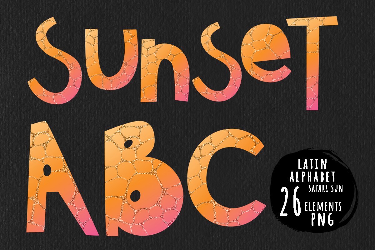 Bright sunset Latin alphabet with glitter pattern