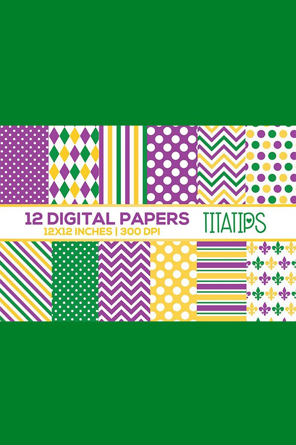 Mardi Gras Digital Papers Set, Purple, Green, and Yellow