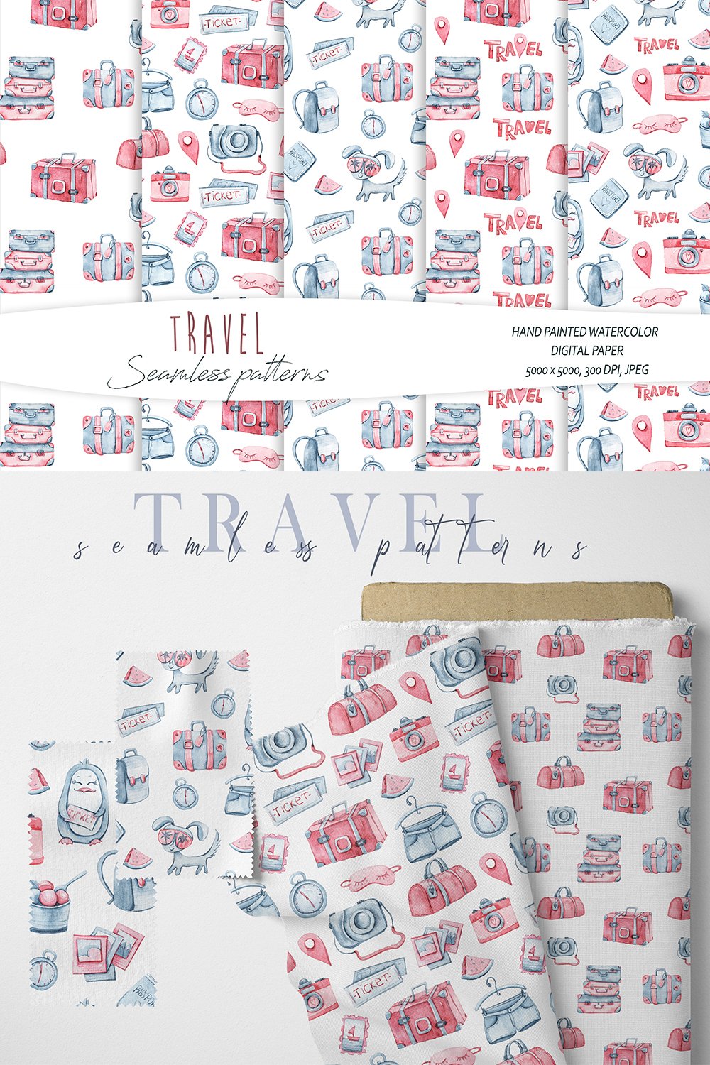 Watercolor travel seamless patterns, digital paper pack
