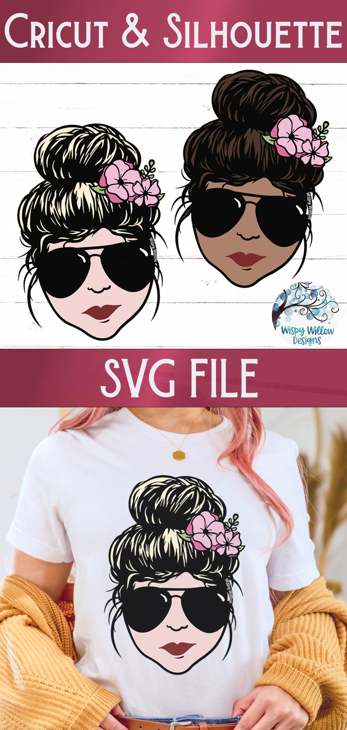 Messy Bun Lady with Flowers Layered SVG | Sublimation PNG