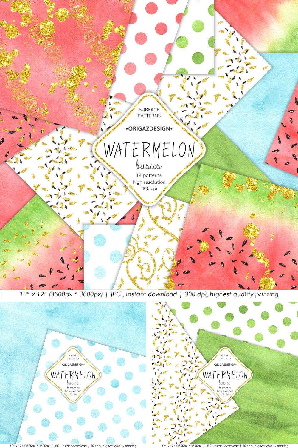 Watermelon Watercolor Summer Seamless digital paper pack