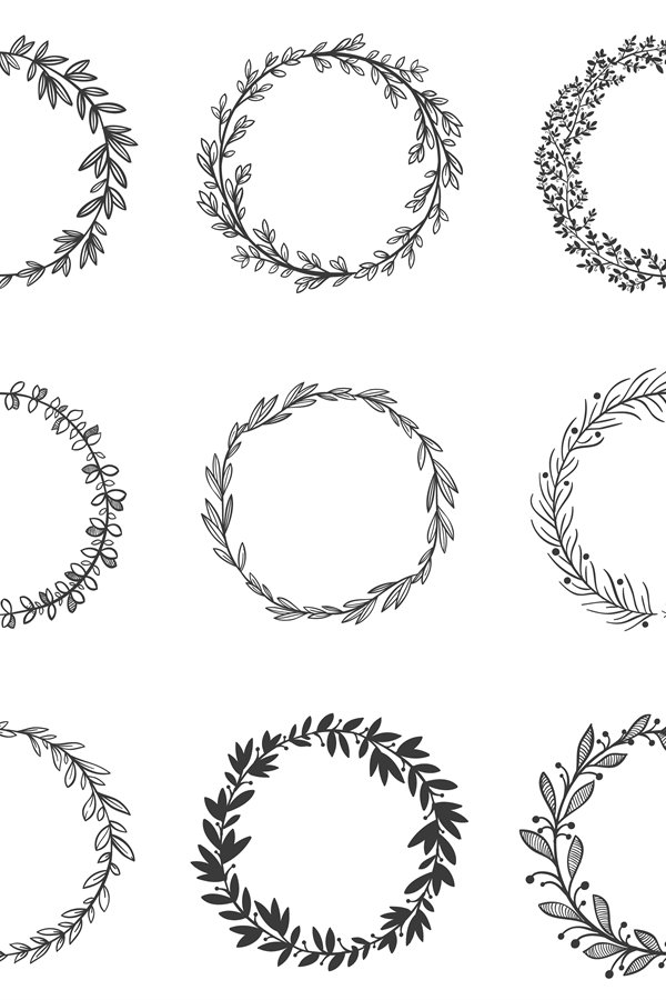 Circle leaf frames. Round branches with leafs, hand drawn fl