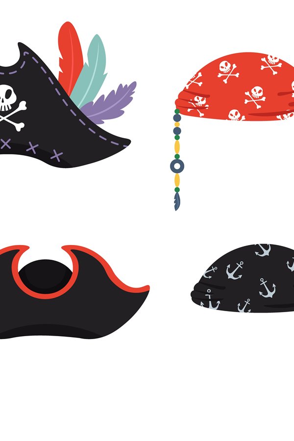 Pirates hats. Sea piracy cap fashion, buccaneer headgear