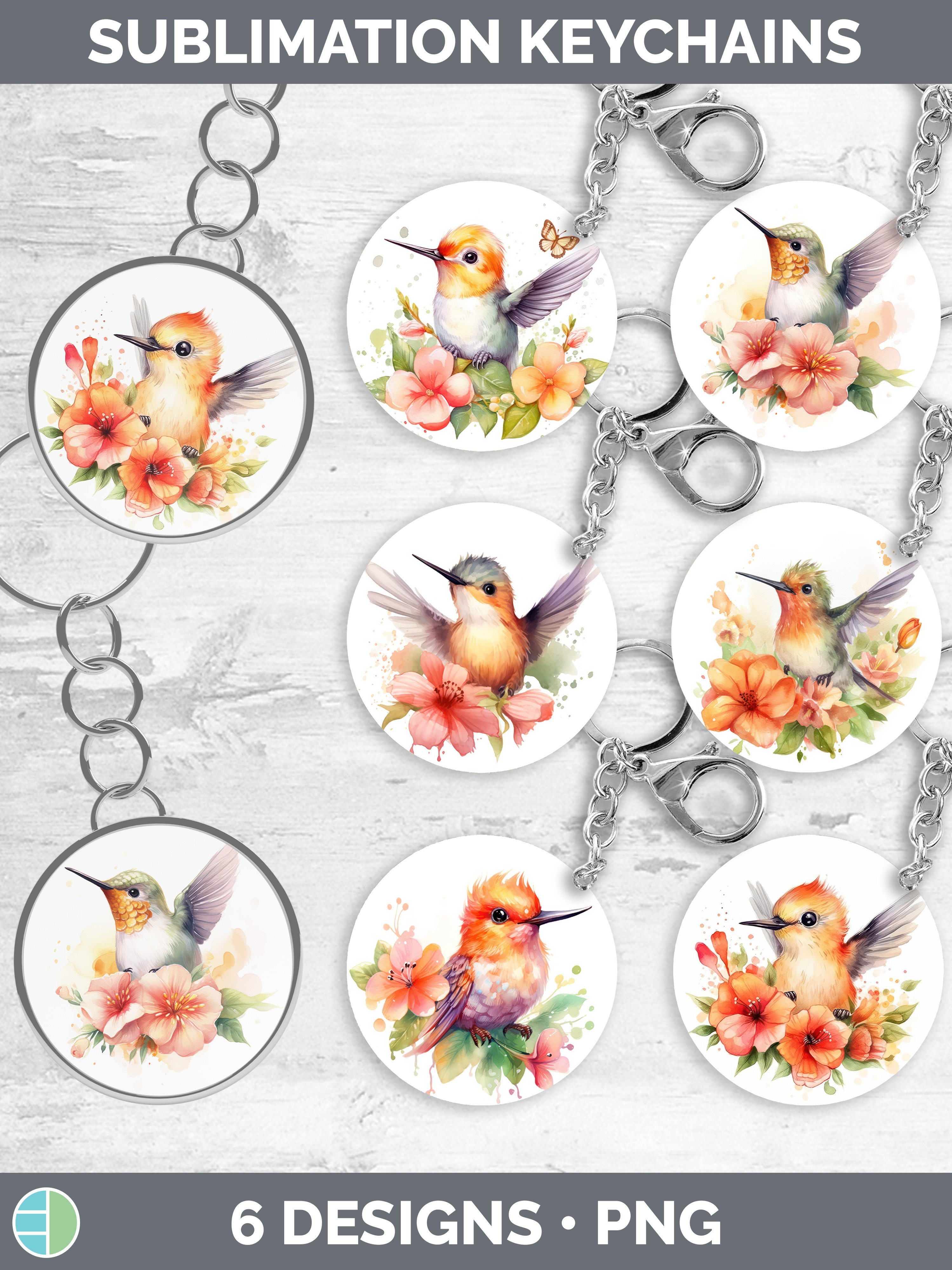 Watercolor Floral Hummingbirds Keychain | Sublimation Keyrin