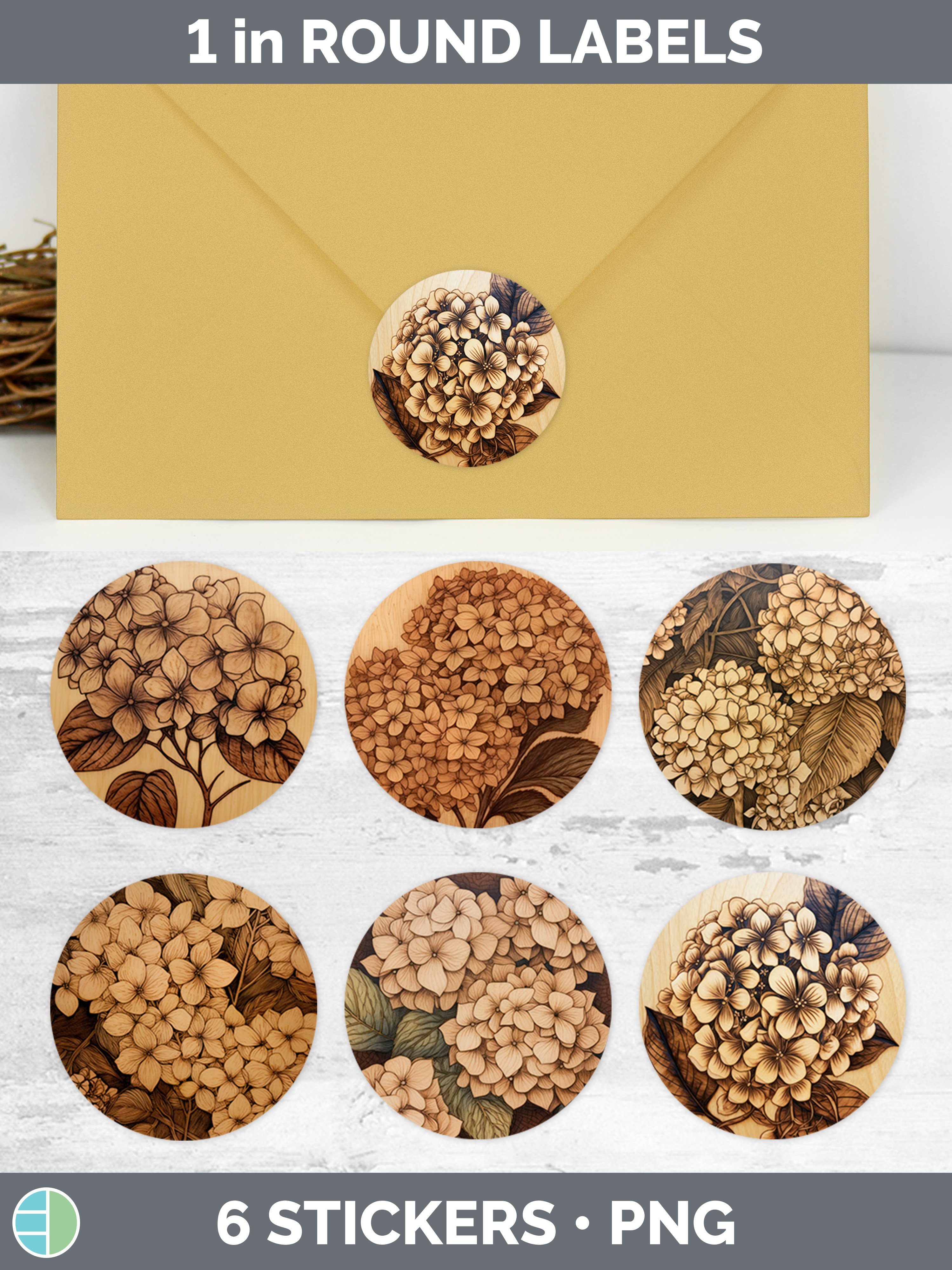 Wood Burned Hydrangea Flowers Stickers | Round Labels Design