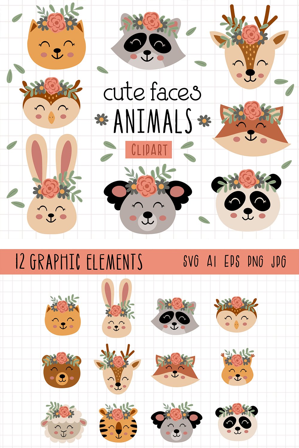 Boho animal face clipart, Bohemian animals svg, Animal faces