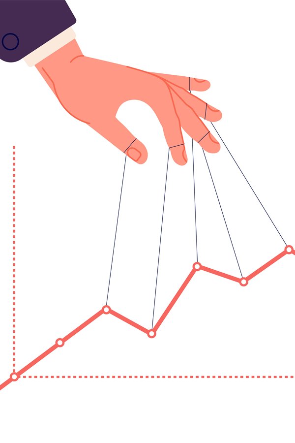Puppet master controlling chart. Business speculate graph, c