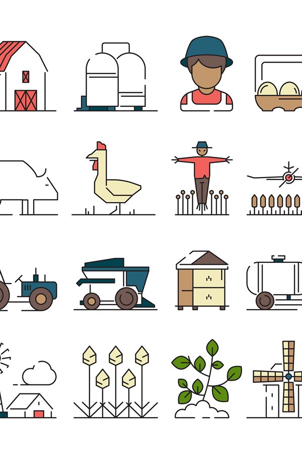 Farm symbols. Agricultural objects wheat field with farm mac
