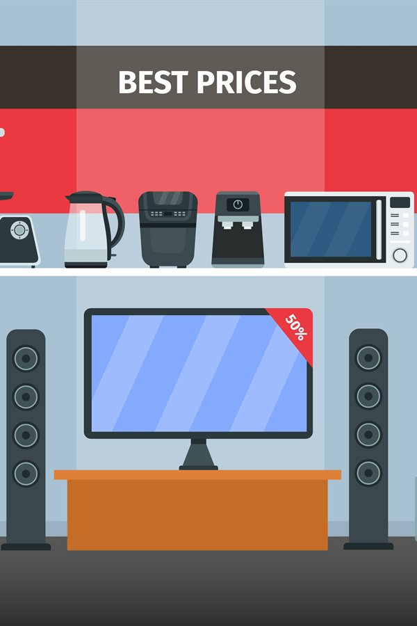 Home appliances and electronics product store interior with