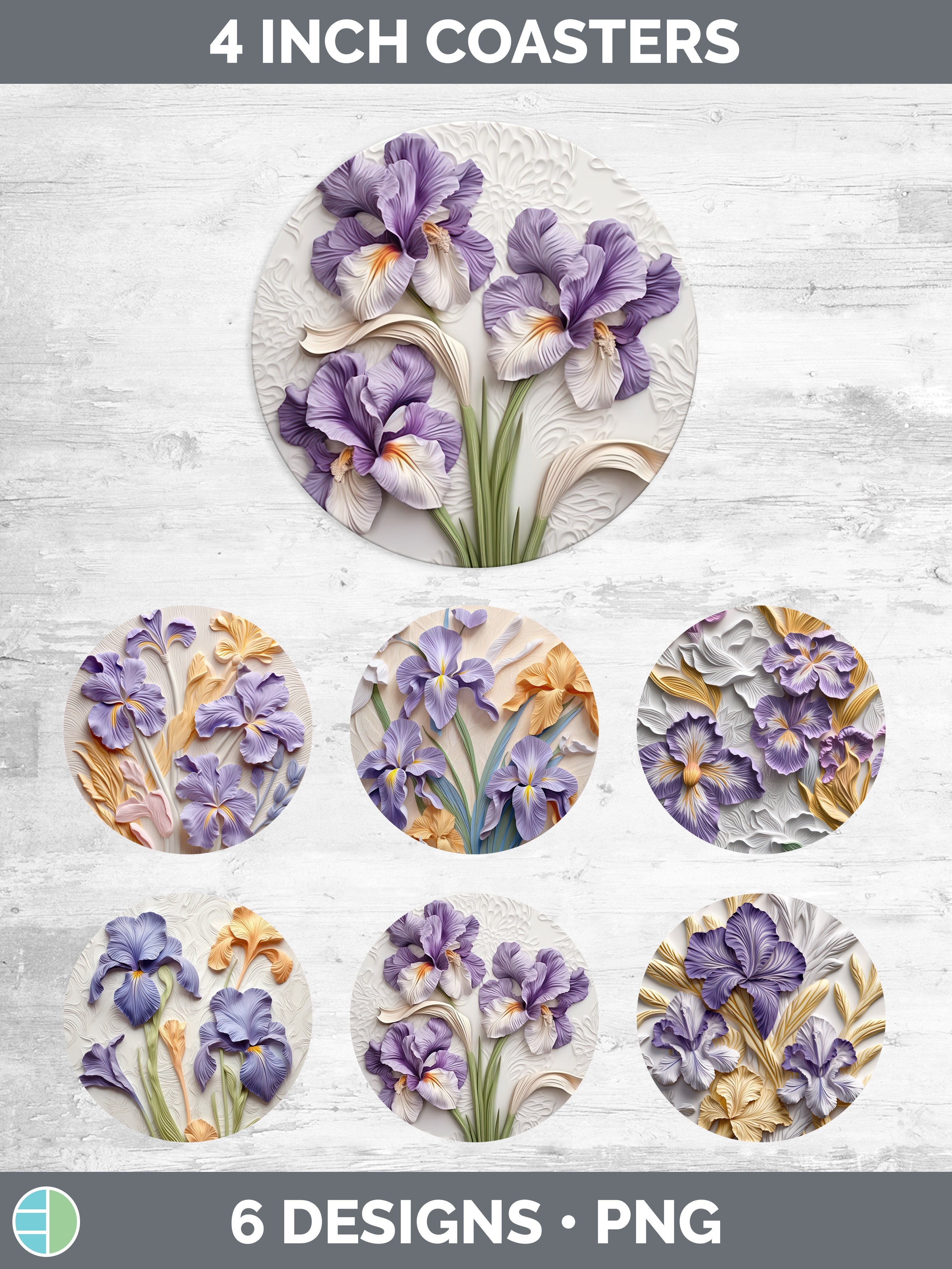 3D Iris Flowers Round Coaster | Sublimation Coaster Designs