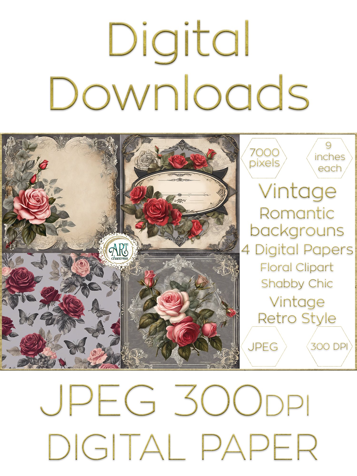 Vintage Floral Red Old Romantic Retro Style Digital Papers