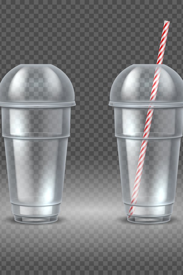 Realistic plastic cup. Transparent coffee container with str