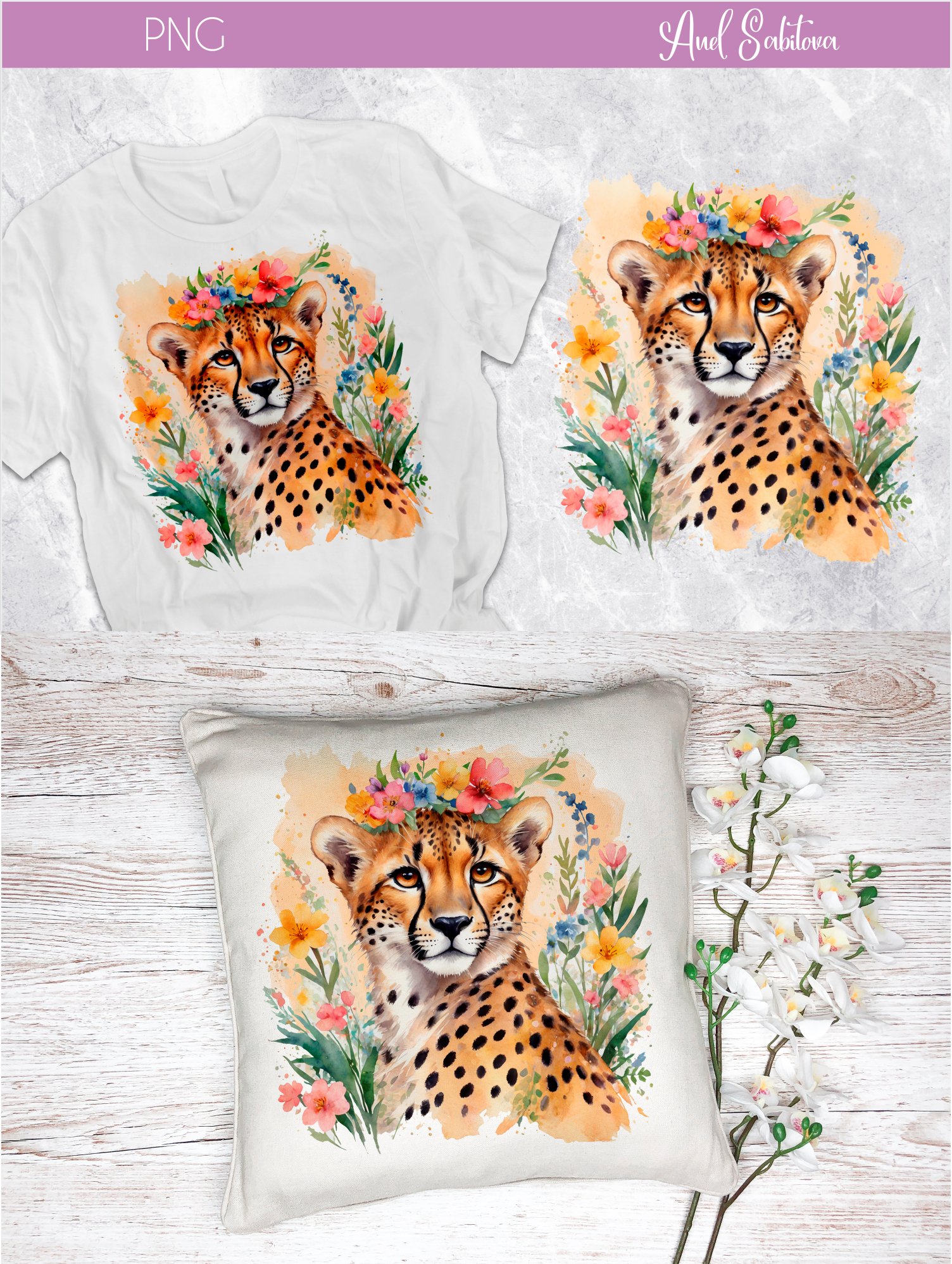 Watercolor illistration Floral cheetah