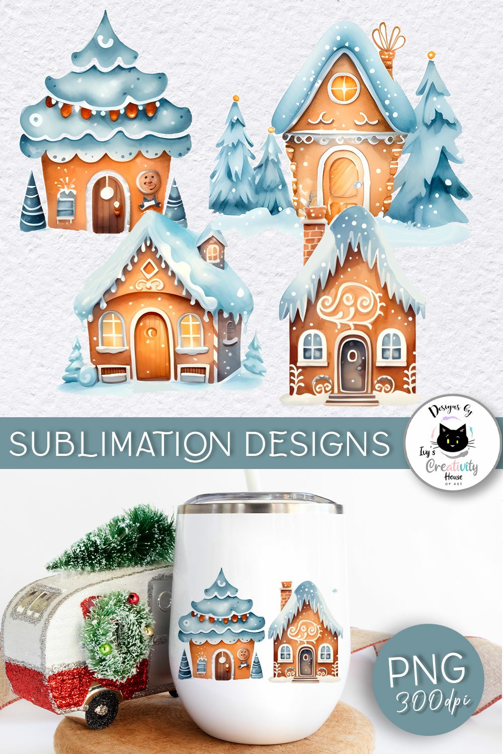 Watercolor Christmas Clipart | Gingerbread House Png Designs