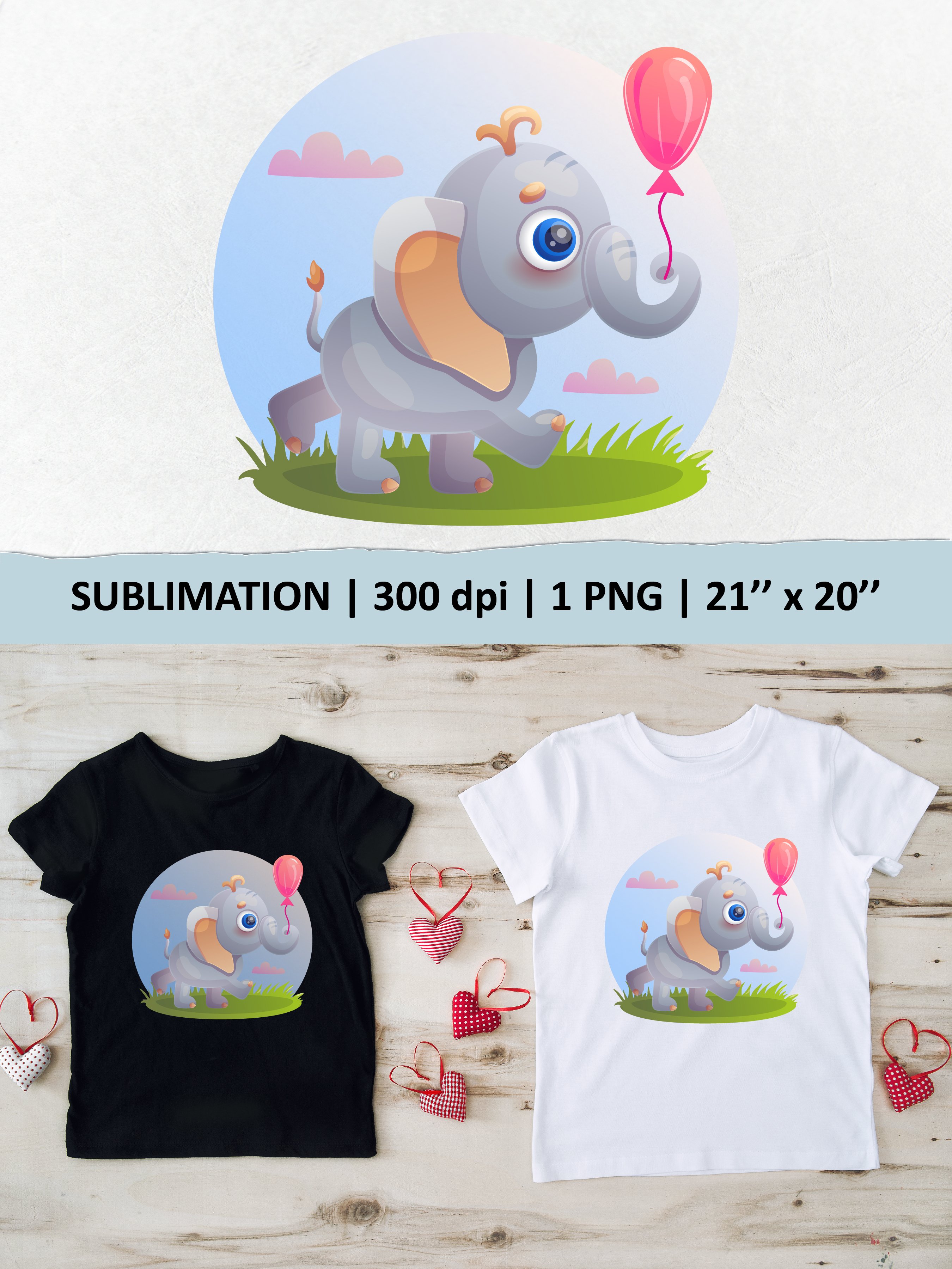 Elephant with pink balloon sublimation design - 1 PNG file