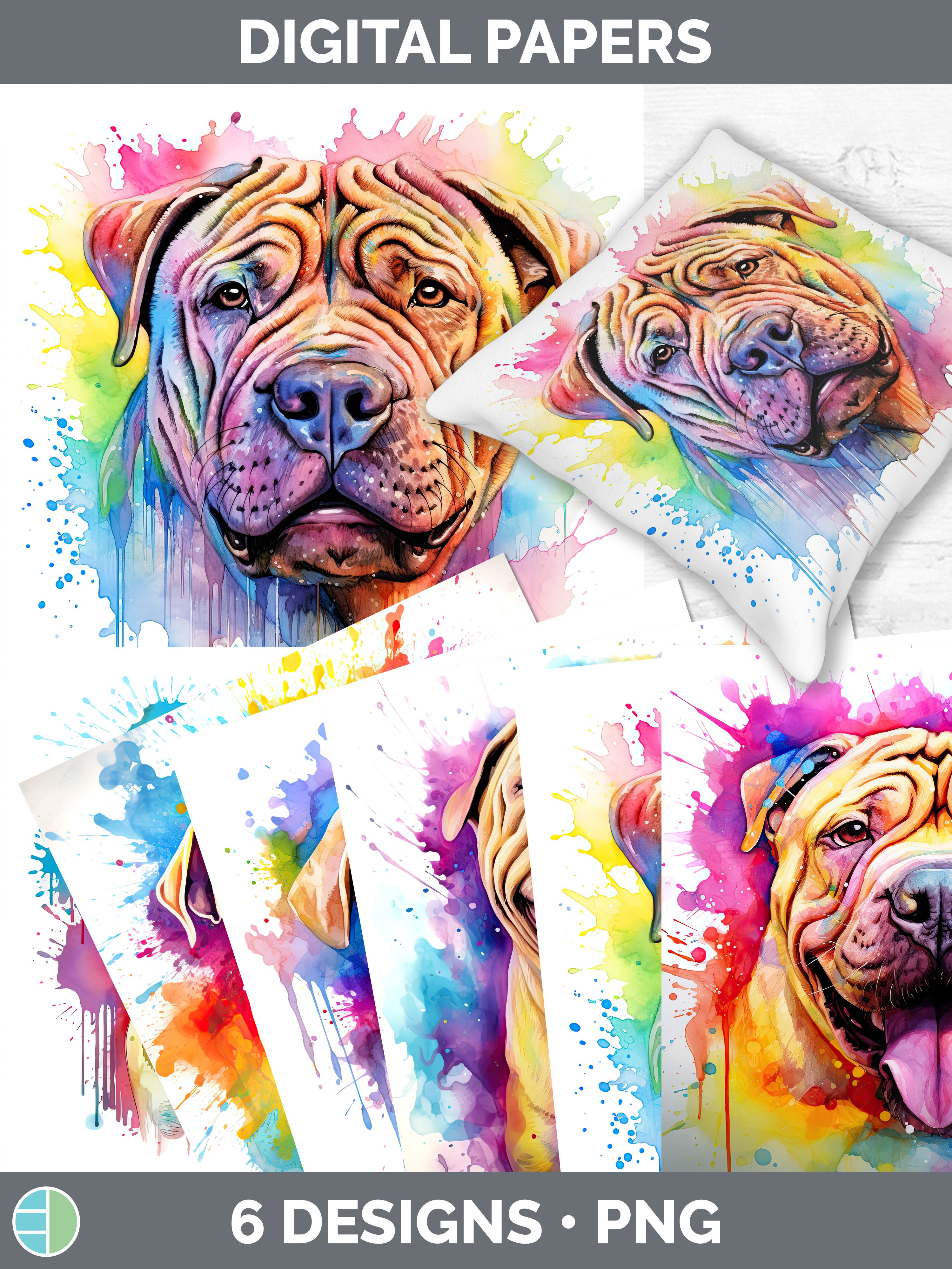 Splat Rainbow Shar Pei Dog Paper Backgrounds | Digital Scrap