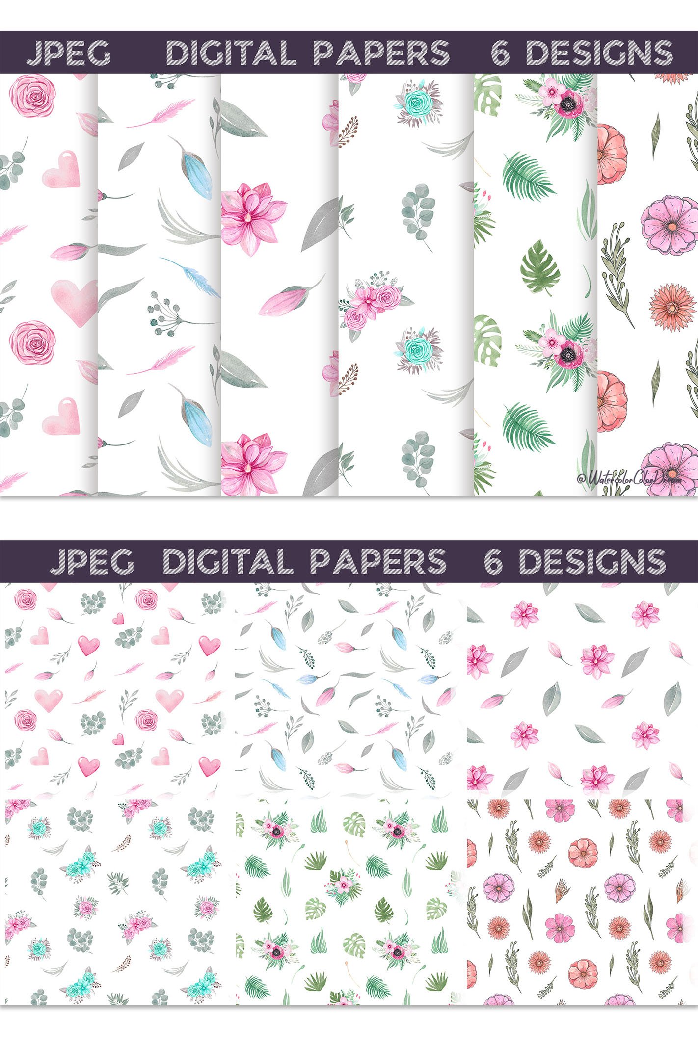 Floral Digital Papers Bundle | Pink Flowers Seamless Patter