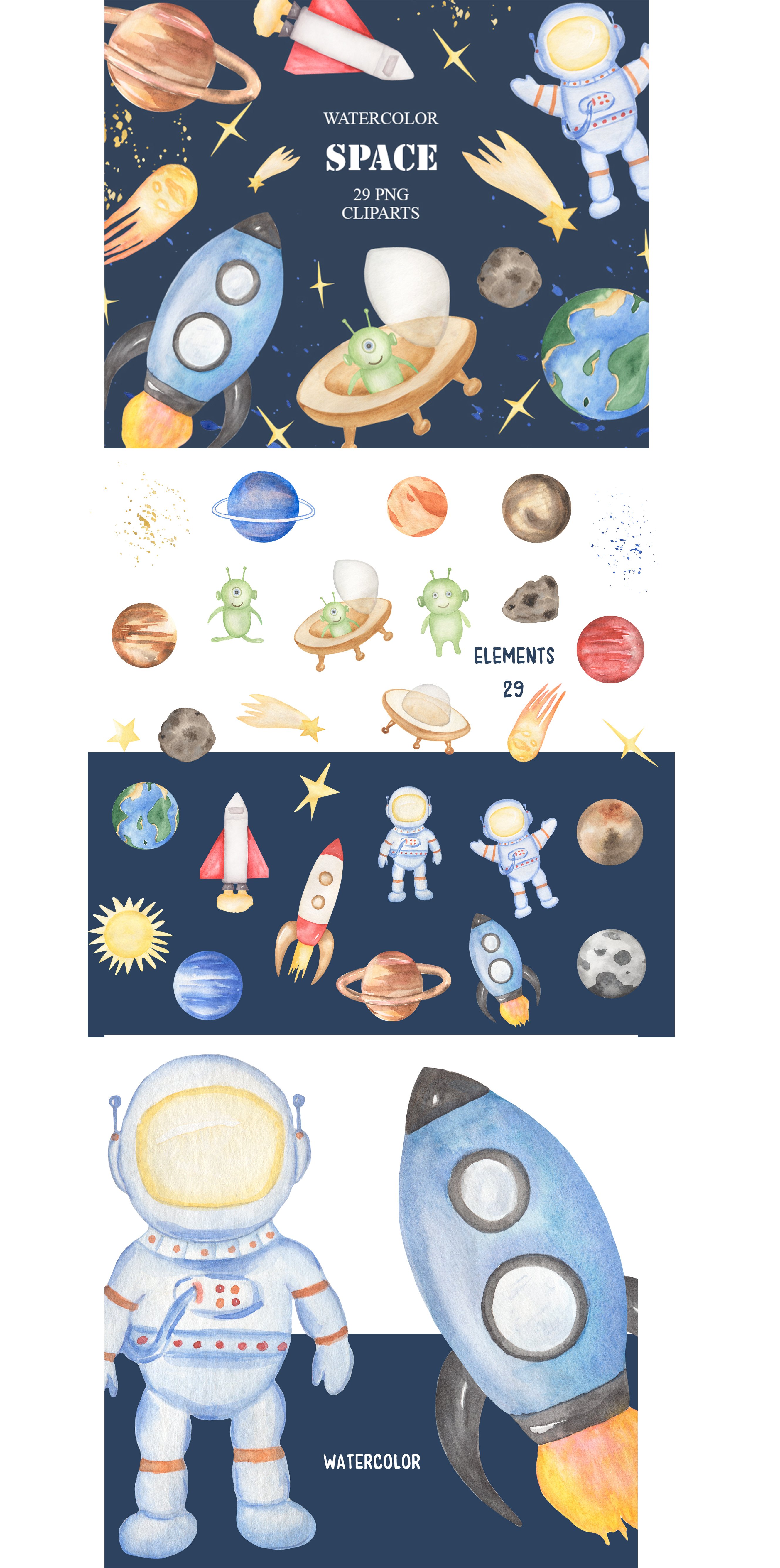 Watercolor Space Clipart Set Bundle