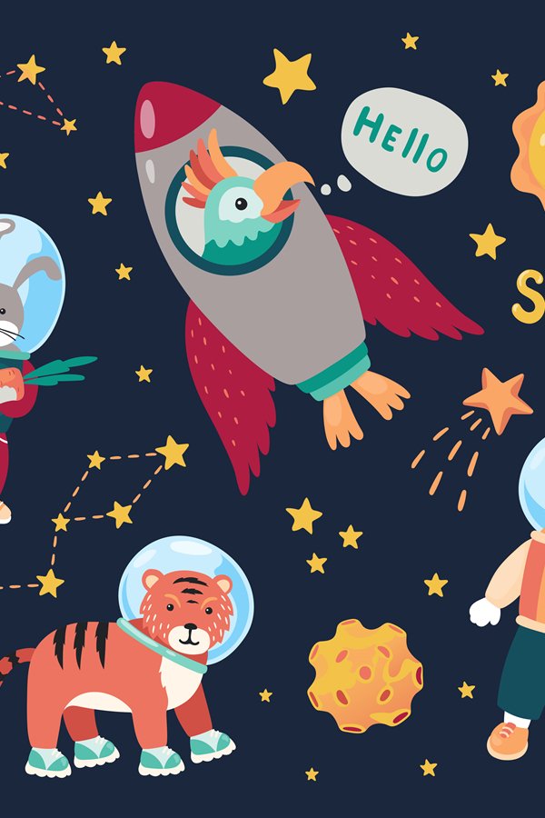 Space animal kids. Cartoon baby astronauts with stars and pl